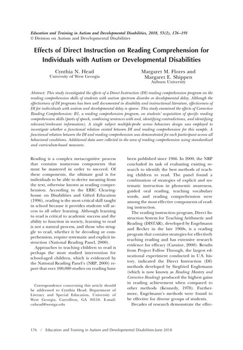 Pdf Effects Of Direct Instruction On Reading Comprehension For Individuals With Autism Or