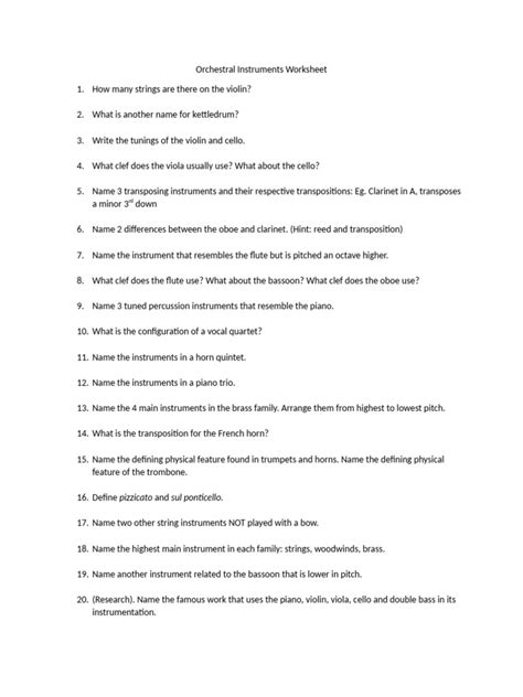Orchestral Instruments Worksheet Pdf