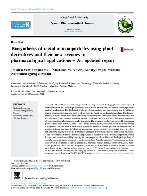 Pdf Biosynthesis Of Metallic Nanoparticles Using Plant Derivatives And Their New Avenues In
