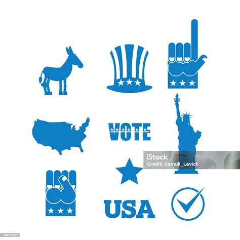 민주당 당나귀 선거 아이콘 세트입니다 미국 정당 들의 기호입니다 자유와 미국 지도의 동상입니다 주먹과 엉클 샘 모자 2016년에 대한 스톡 벡터 아트 및 기타 이미지