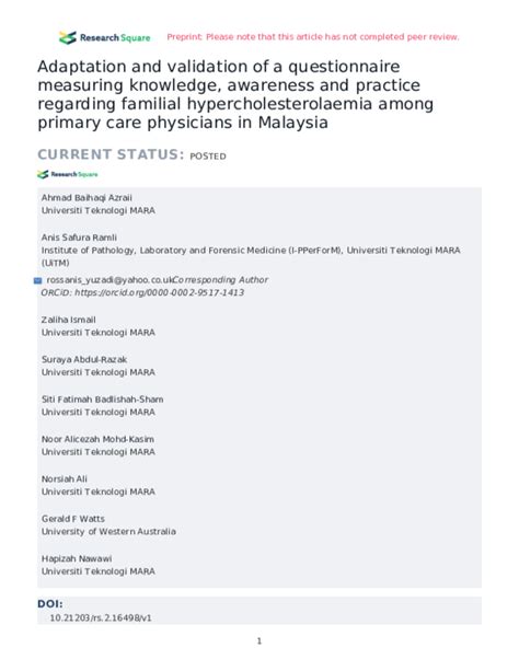 Pdf Adaptation And Validation Of A Questionnaire Measuring Knowledge Awareness And Practice