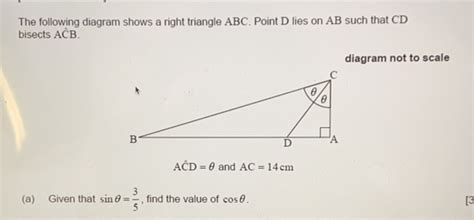 Solved The Following Diagram Shows A Right Triangle Abc Point D Lies On Ab Such That Cd