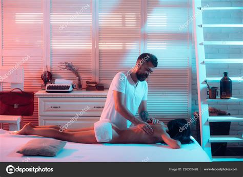 Couple Relaxed In Bed Sexy Woman Make Sensual Massage Sex Massage Therapy Night Woman And