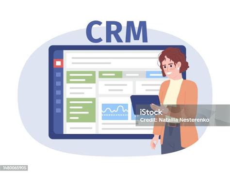 영업 플랫 개념 벡터 스팟 일러스트레이션을 위해 Crm 소프트웨어를 사용하는 영업 사원 2차 도형에 대한 스톡 벡터 아트 및