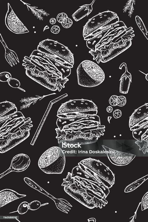 손으로 그린 패스트 푸드 세트입니다 피자 햄버거 타코 햄버거 도넛 핫도그 감자 튀김 배너 표지판에 대한 스톡 벡터 아트 및 기타 이미지 Istock