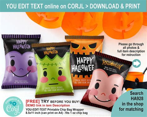 Editable Halloween Chip Bag Wrapper Set Bundle Template Personalised