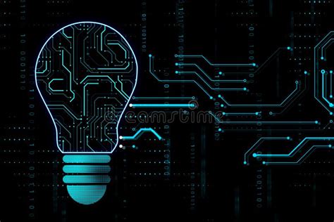 Creative Thinking And Digital Technology Concept With Blue Micro Circuit In Light Bulb On Dark