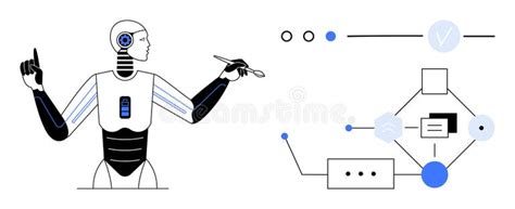 Artificial Intelligence Robot Analyzing Data Flow And Making Calculations With Flowchart Stock