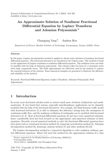 Pdf An Approximate Solution Of Nonlinear Fractional Differential Equation By Laplace Transform