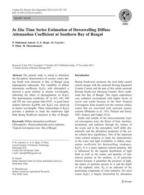 Pdf In Situ Time Series Estimation Of Downwelling Diffuse Attenuation Coefficient At Southern