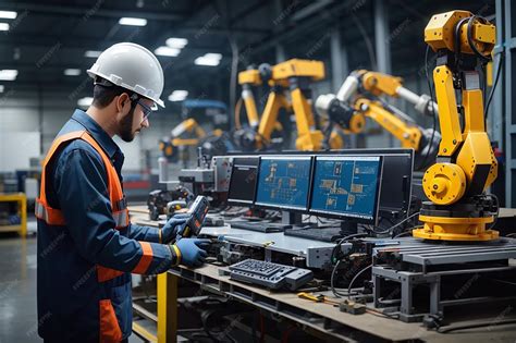 Premium Ai Image Engineer Manager Checking And Controling Automation Robot Arms Machine In