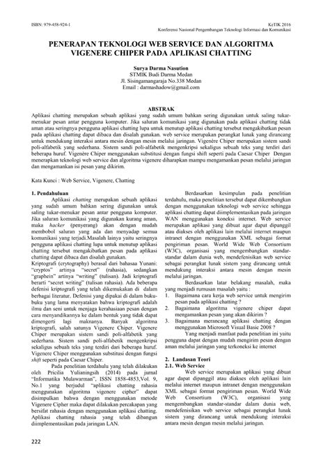Pdf Penerapan Teknologi Web Service Dan Algoritma Vigenere Chiper Pada Aplikasi Chatting