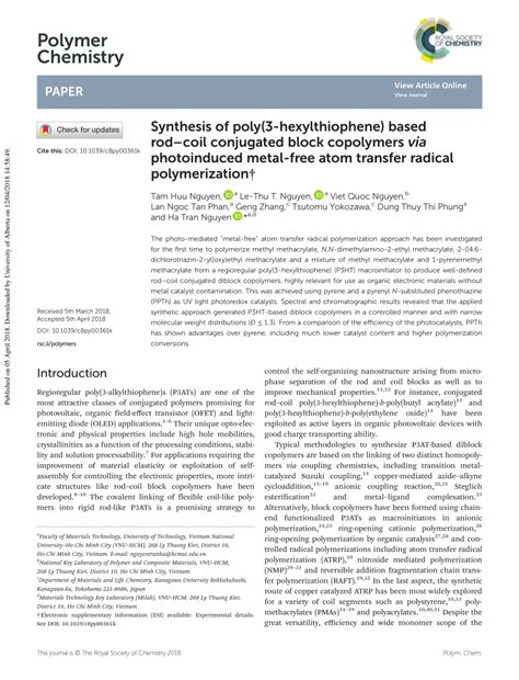 Pdf Synthesis Of Poly3 Hexylthiophene Based Rod Coil Conjugated Block Copolymers Via