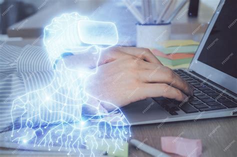 Premium Photo Ar Hologram With Man Working On Computer On Background Augmented Reality Concept