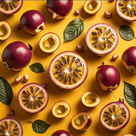 Passion Fruit Patterns Seamless Flatlay On Yellow Background