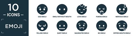 채워진 이모티콘 아이콘 세트입니다 플랫 슬픈 이모티콘 입이 없는 이모티콘 토하는 사랑 신경질적인 고함 조용한 메스꺼움 지퍼 입 아이콘을 편집 가능한 형식으로 포함합니다