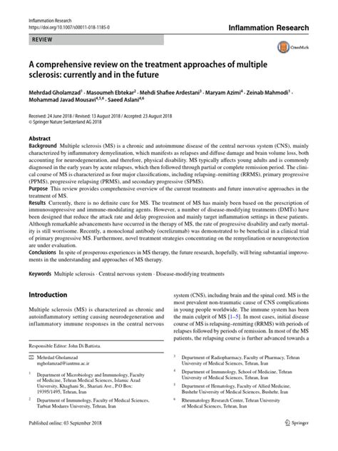 A Comprehensive Review On The Treatment Approaches Of Multiple Sclerosis Pdf Multiple