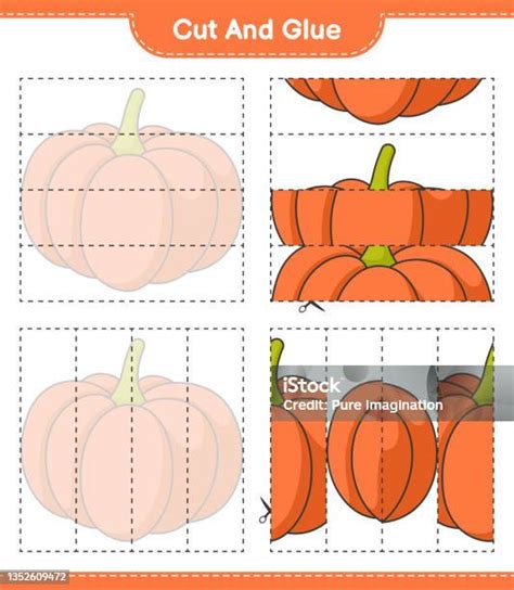 자르고 접착제를 자르고 호박의 일부를 자르고 접착제로 붙입니다 교육 어린이 게임 인쇄 워크 시트 벡터 일러스트레이션 0명에 대한 스톡 벡터 아트 및 기타 이미지 Istock