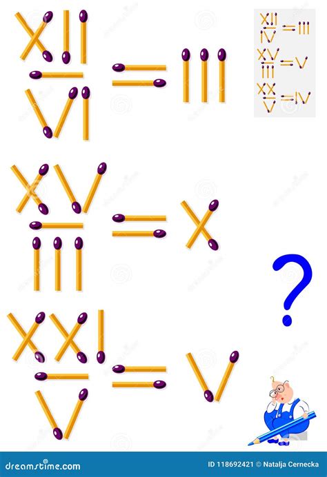 Logic Puzzle Game In Each Task Move One Matchstick To Make The Equations Balance Stock Vector