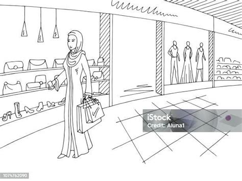 아랍 의류 쇼핑몰 그래픽 블랙 화이트 인테리어 스케치 그림 벡터에서 걷고 있는 여자 건축에 대한 스톡 벡터 아트 및 기타 이미지