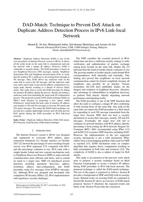 Pdf Dad Match Technique To Prevent Dos Attack On Duplicate Address