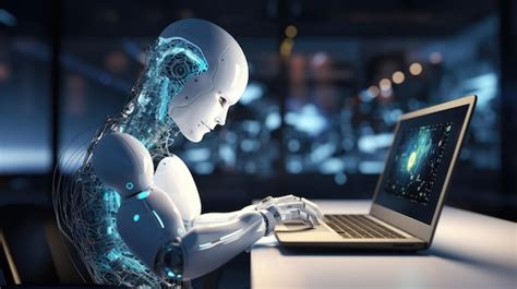 Premium Photo Robot Using Laptop Computer At Desk