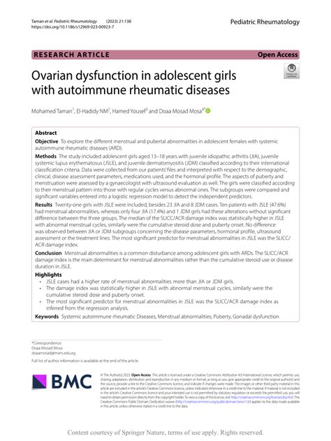 Pdf Ovarian Dysfunction In Adolescent Girls With Autoimmune Rheumatic Diseases