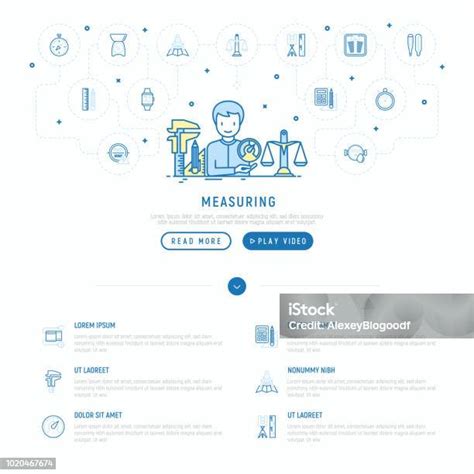 얇은 선 아이콘으로 측정 개념 스톱 워치 무게 저울 속도계 스마트 황동 저울 온도계 현대 벡터 일러스트 레이 션 웹 페이지 서식