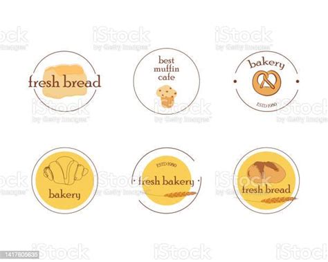 신선한 빵 빵집 가게 카페 로고 벡터 디자인 빵 크로와상 머핀 케이크 프렌치 패스트리 아이콘 둥근 노란색 갈색 아이콘 개념에 대한 스톡 벡터 아트 및 기타 이미지 Istock