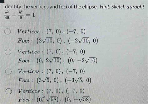 identify the vertices and foci of the ellipse hint sketch a graph x