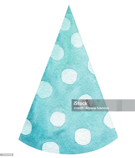 흰색 배경에 고립 된 흰색 점과 수채화 파란색 생일 콘 모자 손으로 그린 파티 캡 일러스트레이션 0명에 대한 스톡 벡터 아트 및