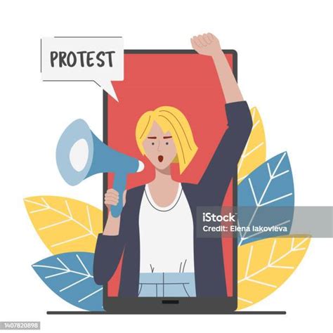 디지털 온라인 항의 개념 거대한 스마트 폰 화면에서 메가폰을 통해 외치는 여성 인터넷을 통해 항의하는 캐릭터 플랫 벡터 일러스트 레이 션 Brand Name Smart