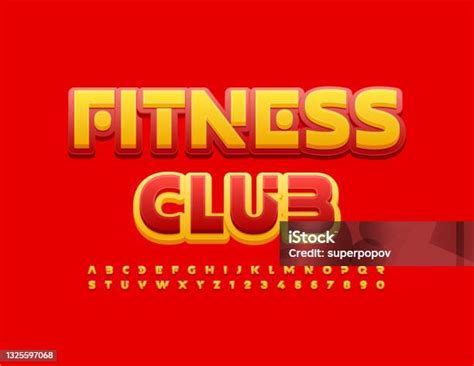 벡터 밝은 로고 피트니스 클럽 빨간색과 노란색 모뎀 알파벳 문자 및 숫자 세트 체육관에 대한 스톡 벡터 아트 및 기타 이미지