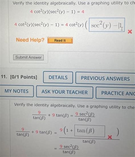 Solved Verify The Identity Algebraically Use A Graphing