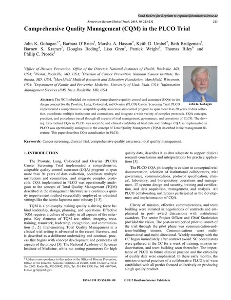 Pdf Comprehensive Quality Management Cqm In The Plco Trial
