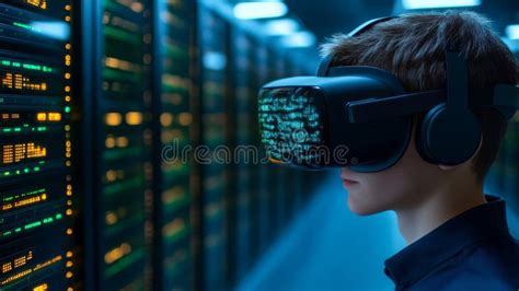 Person Using Vr Headset In Data Center Stock Illustration Illustration Of Hightech Futuristic