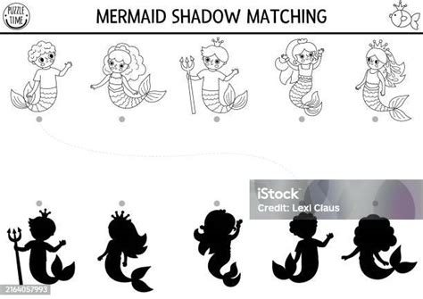 인어와 인어 흑백 그림자 매칭 활동 바다 공주와 함께 바다 왕국 라인 퍼즐 올바른 실루엣 인쇄 가능한 워크시트 게임을 찾으십시오 아이들을 위한 해양 색칠 공부 페이지 검색에