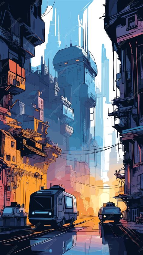 Futuristic Cyberpunk City Drawing Cartoon Concept Artwork Vector