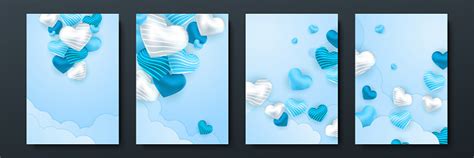 발렌타인 데이 포스터 세트 기하학적 배경에 프레임이있는 파란색과 흰색 종이 하트3d 귀여운 사랑 판매 배너 또는 인사말 카드 벡터 그림입니다 2월에 대한 스톡 벡터 아트 및