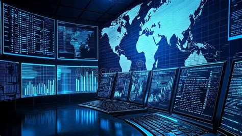 Control Room With Multiple Digital Screens Displaying Global Maps And
