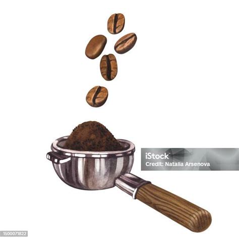 수채화 커피 포터필터와 떨어지는 커피 원두 신선한 커피를 만드는 개념 하얀 배경에 분리된 손으로 그린 그림 완벽한 음식 메뉴