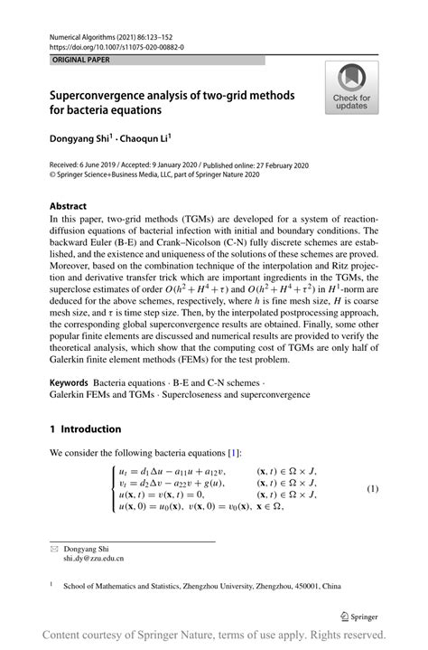 Superconvergence Analysis Of Two Grid Methods For Bacteria Equations Request Pdf