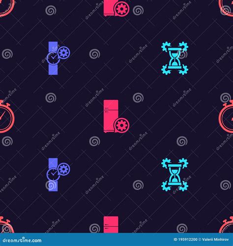 Set Hourglass Setting Wrist Watch Refrigerator And Stopwatch On Seamless Pattern Vector Stock