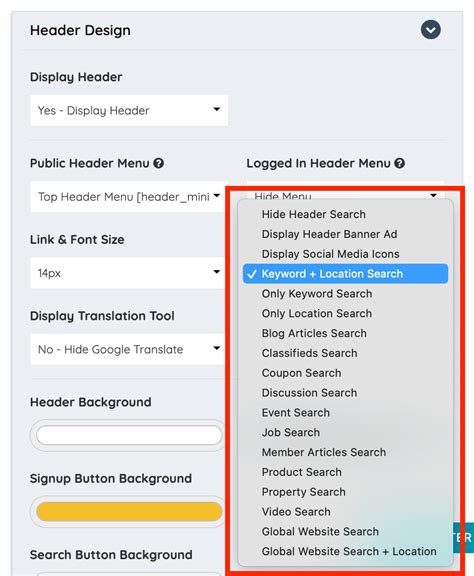 Design Settings Header Search Brilliant Directories Documentation