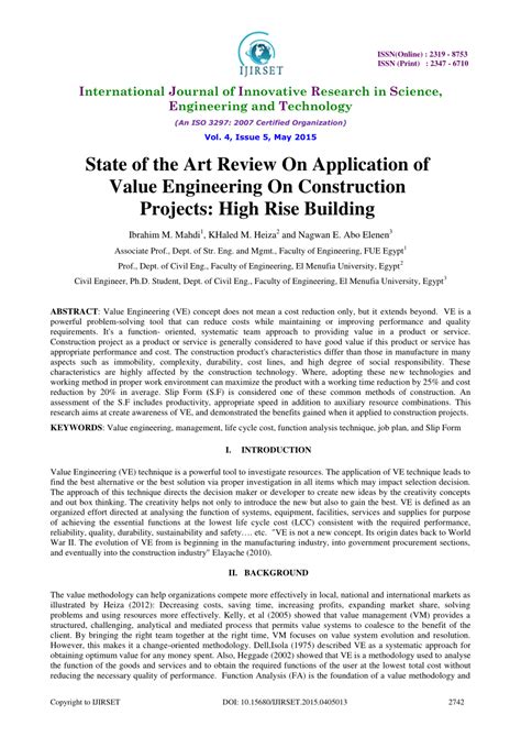 Pdf State Of The Art Review On Application Of Value Engineering On Construction Projects High