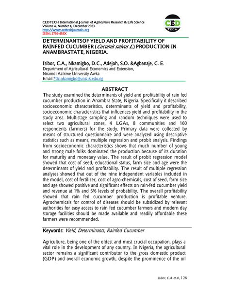 Pdf Determinantsof Yield And Profitability Of Rainfed Cucumber Cucumis Sativus L Production