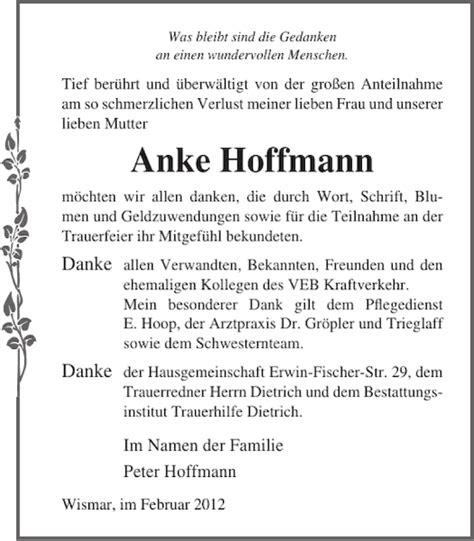 Traueranzeigen Von Anke Hoffmann Trauer Anzeigende