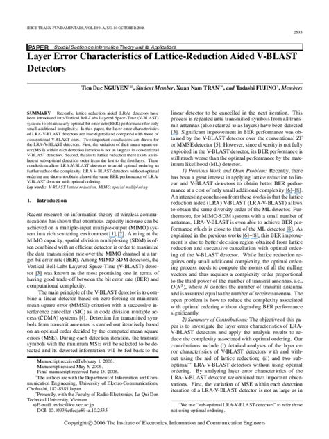 Pdf Layer Error Characteristics Of Lattice Reduction Aided V Blast Detectors