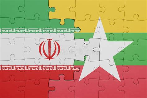 Puzzle With The Colourful National Flag Of Myanmar And Flag Of Iran