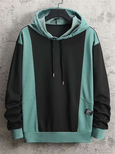 Men Contrast Panel Patch Detail Drawstring Hoodie Giysiler Moda Stilleri Svetşörtler